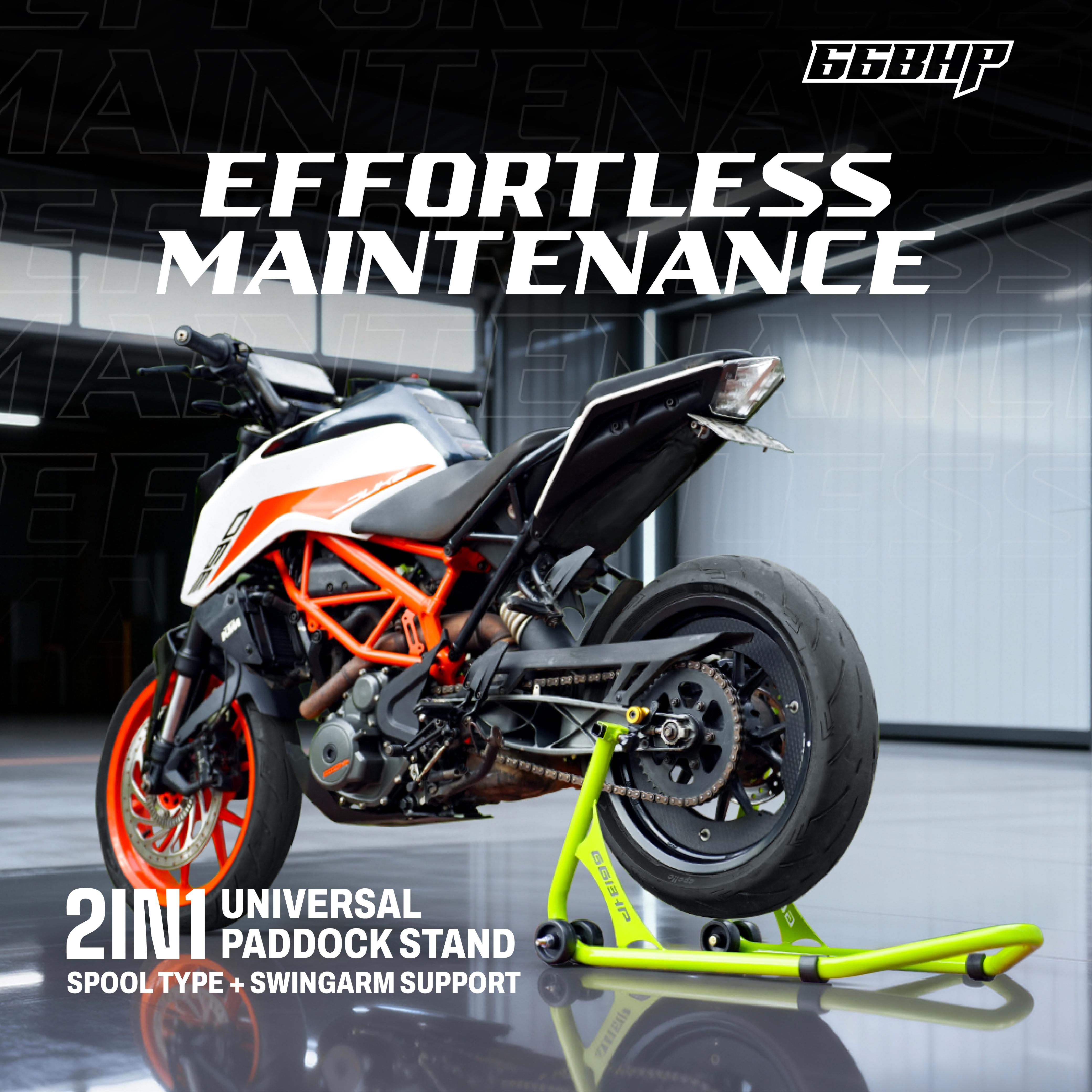 66Bhp Universal Paddock Stand – Spool Type + Swing Arm (2-in-1)